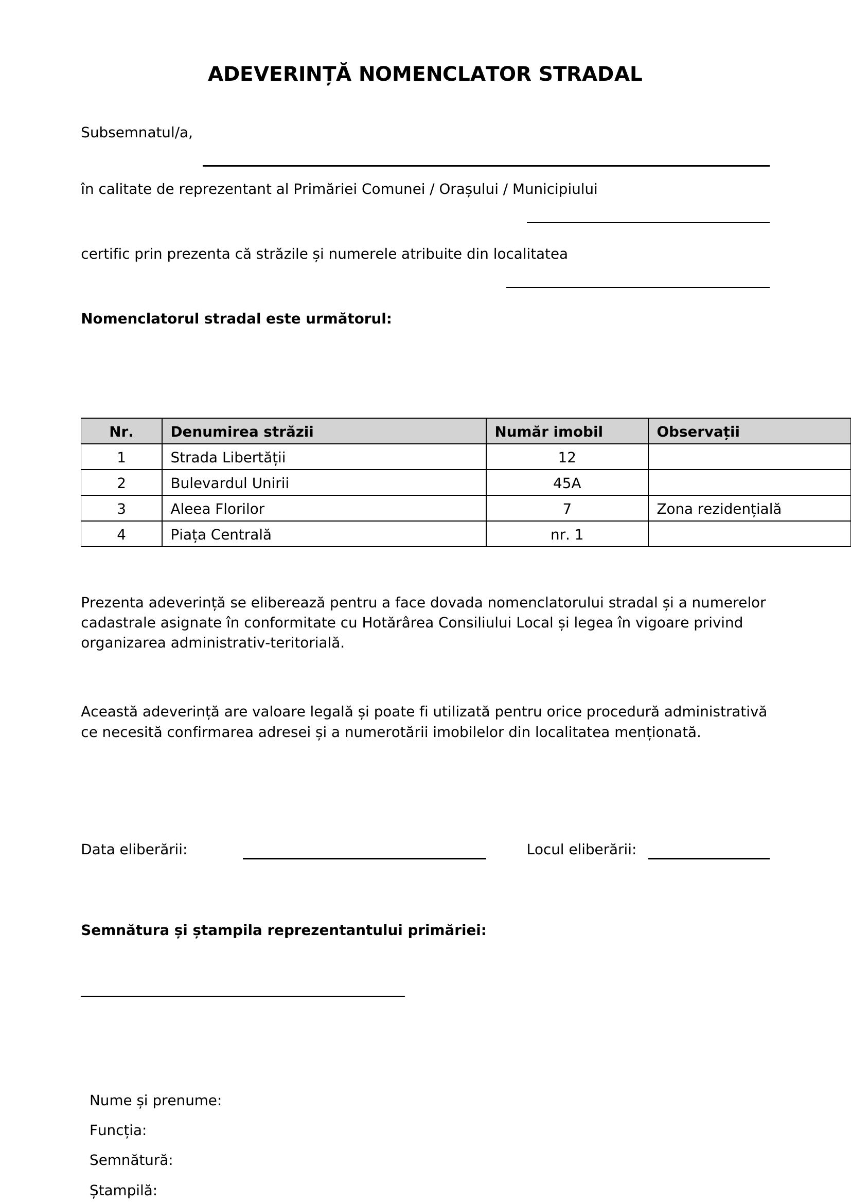 Adeverinta Nomenclator Stradal
