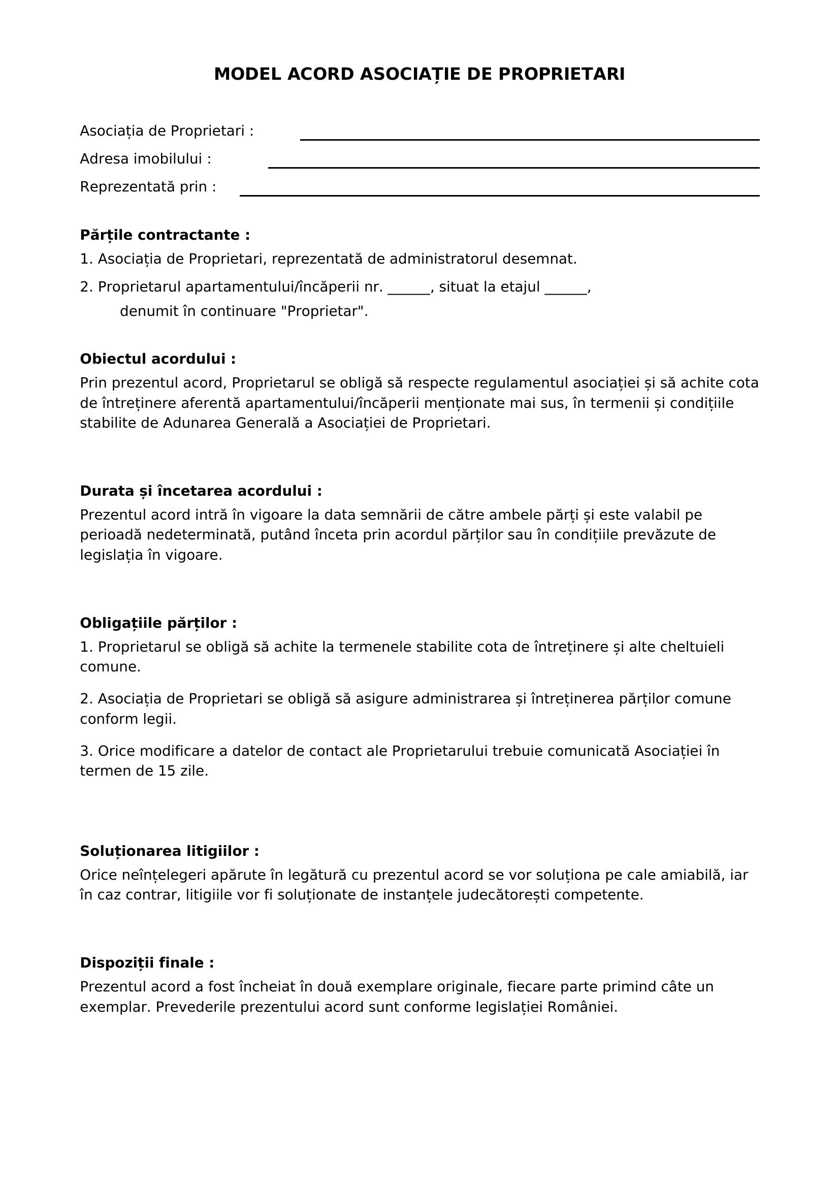 Model Acord Asociatie De Proprietari