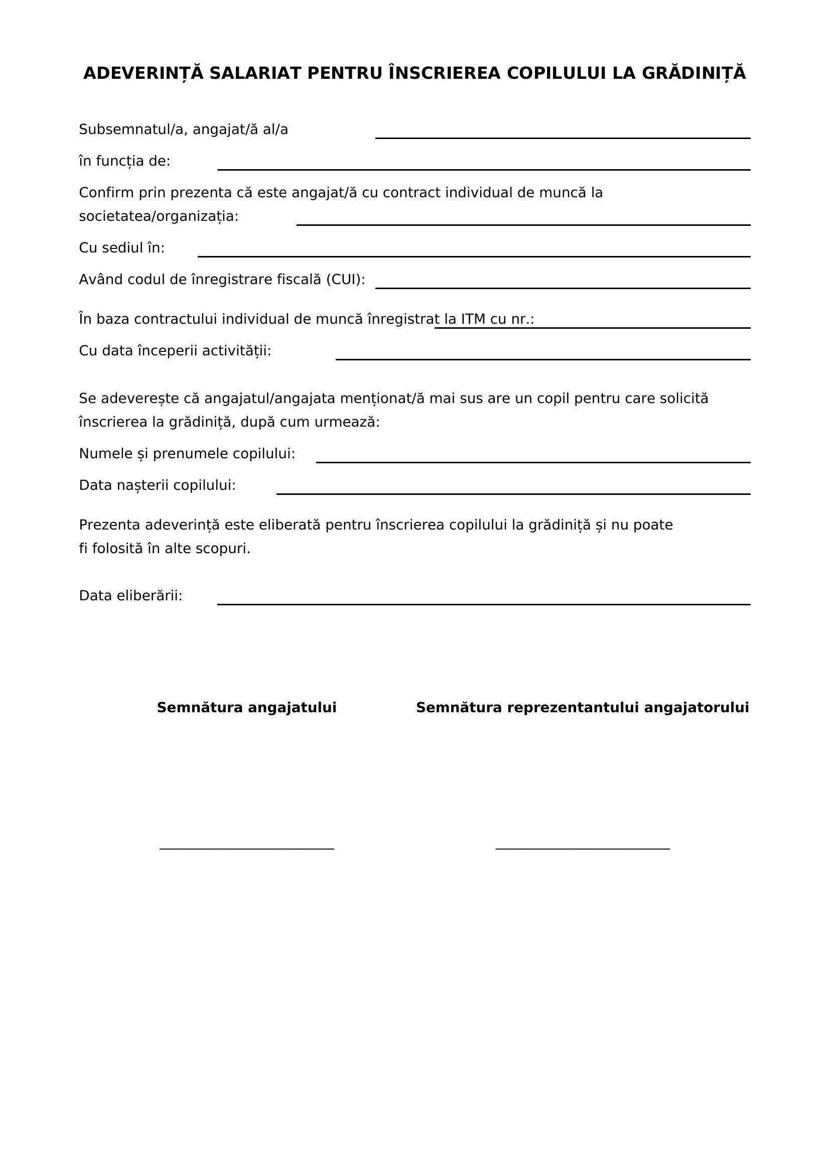 Model Adeverinta Salariat Inscriere Copil Gradinita