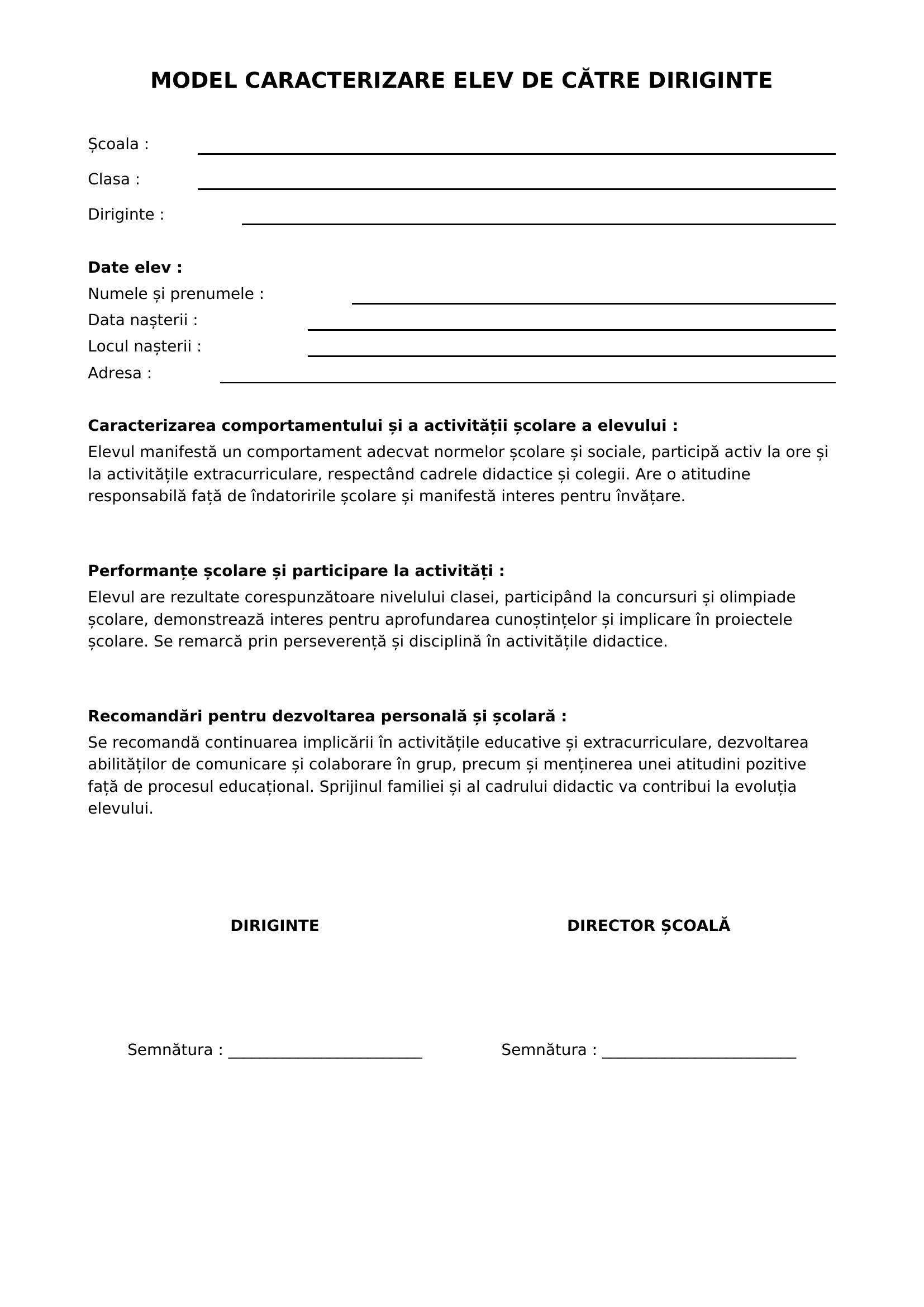 Model Caracterizare Elev De Catre Diriginte
