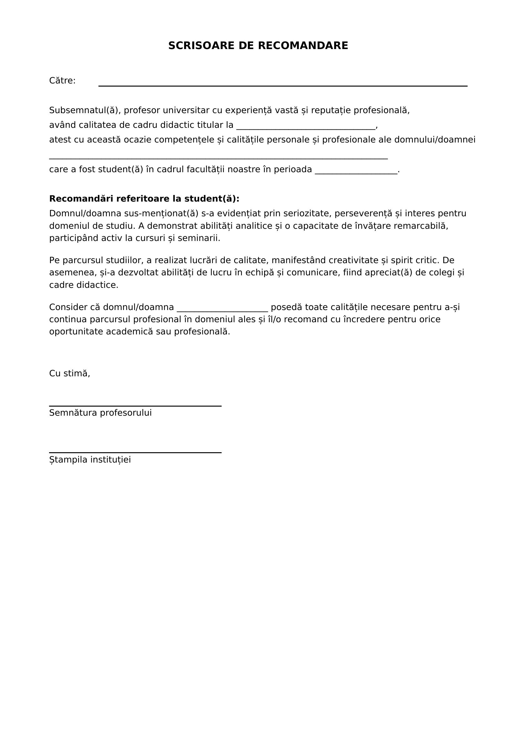 Model Scrisoare De Recomandare De La Un Profesor